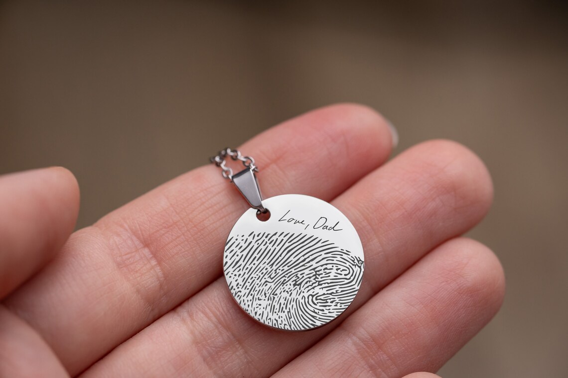 Memorial Necklace With Fingerprint and Handwriting, Laser Engraved ...