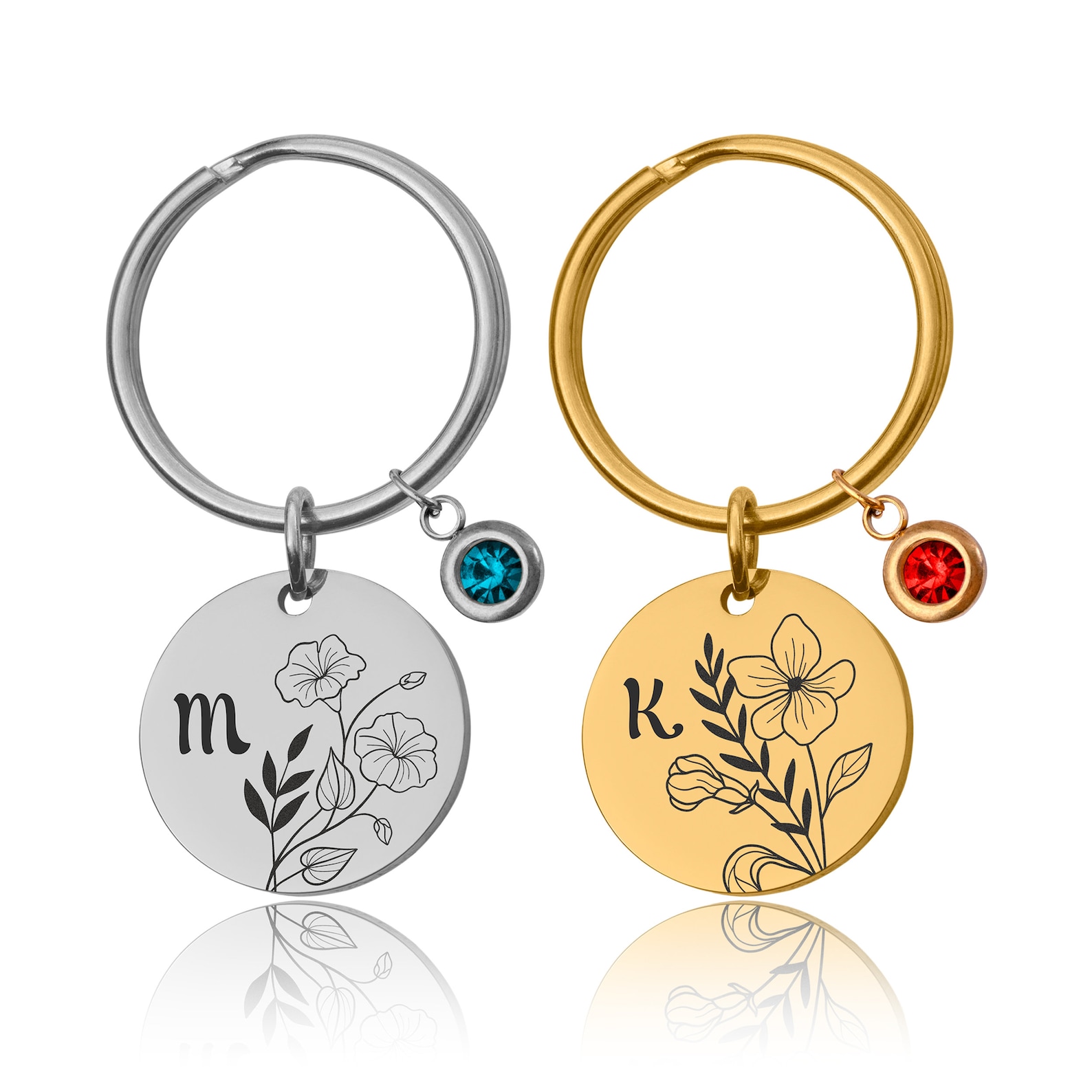Birth Flower and Birthstone Keyring With Initial, Custom Engraved ...