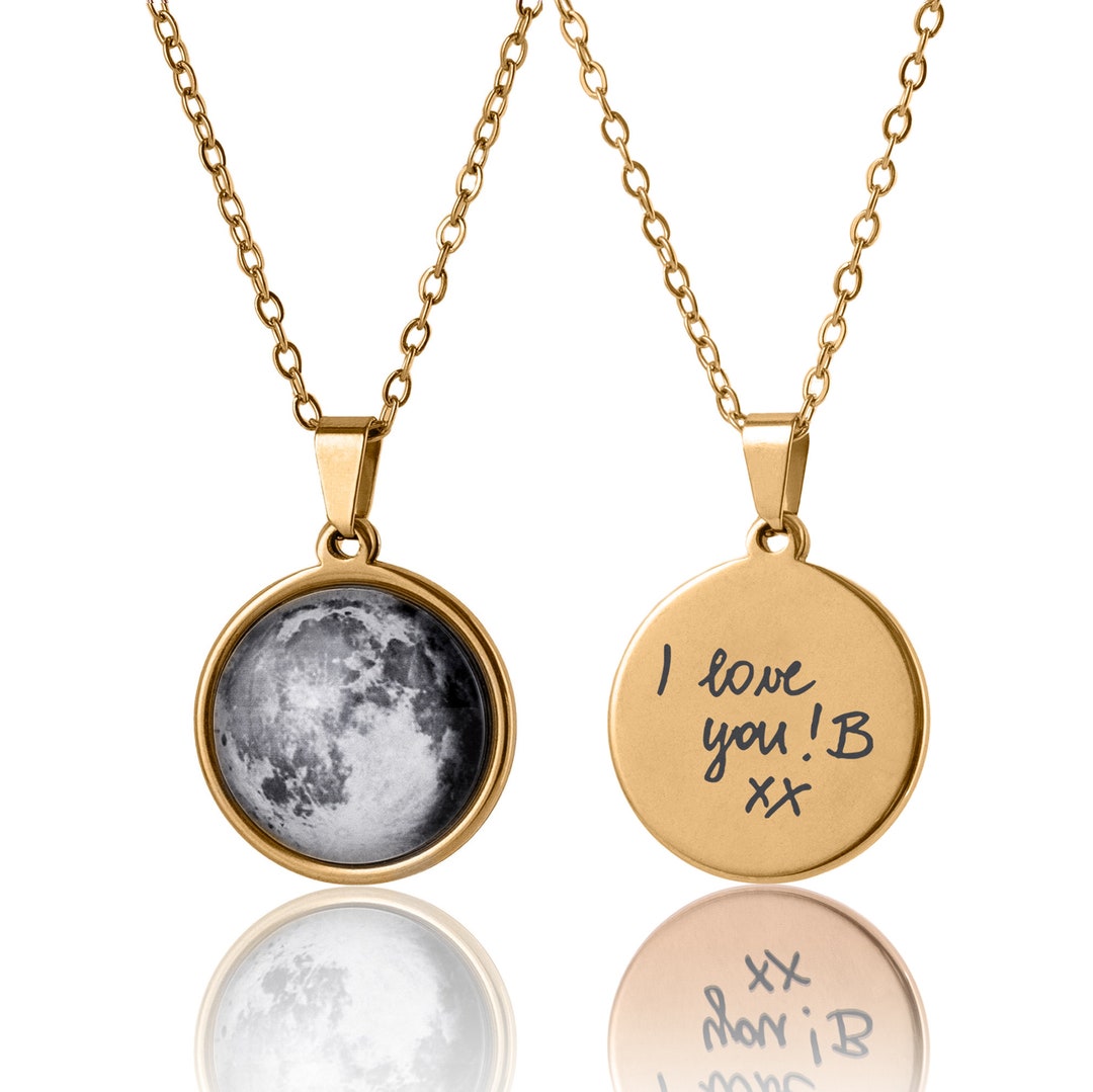 Custom Moon Phase & Handwritten Message Necklace, Engraved Actual ...