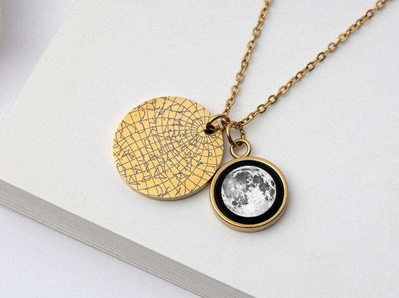 Anniversary Moon Phase and Star Map Necklace, Custom Birth Jewelry for ...