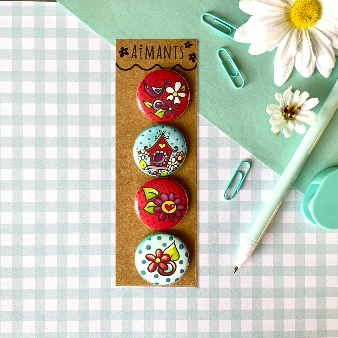Set of 4 Magnets Macaron Bird Happiness Cabin Flower Heart Pink ...