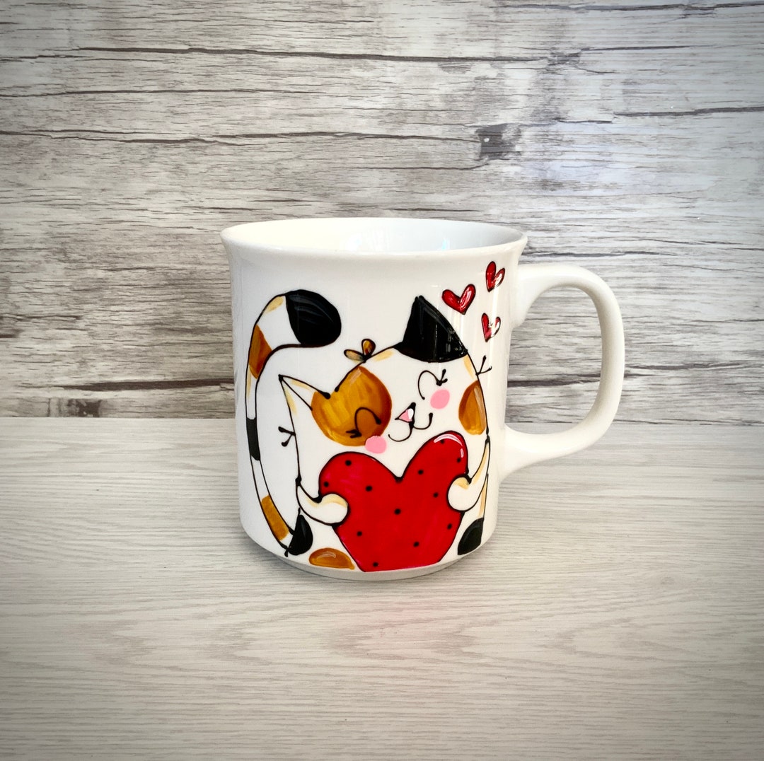 Hand Painted Porcelain Coffee Mug With a Cat Holding a Big Heart, Lover ...