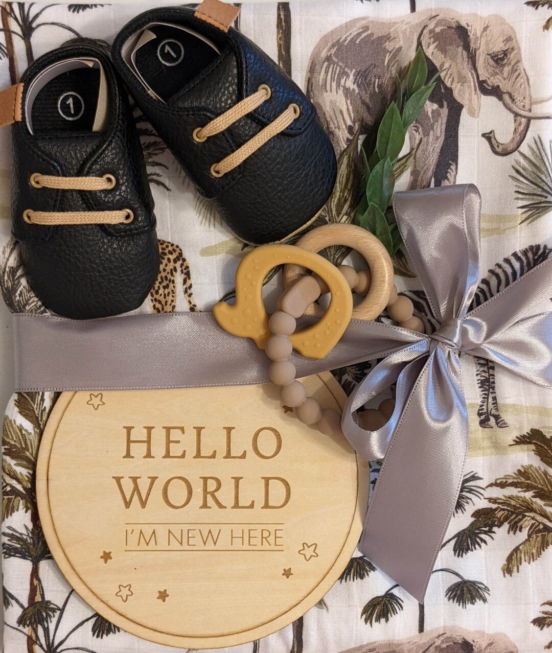 Newborn Gift Box, Baby Boy Animal Print Gift Box Complete With a Wooden ...