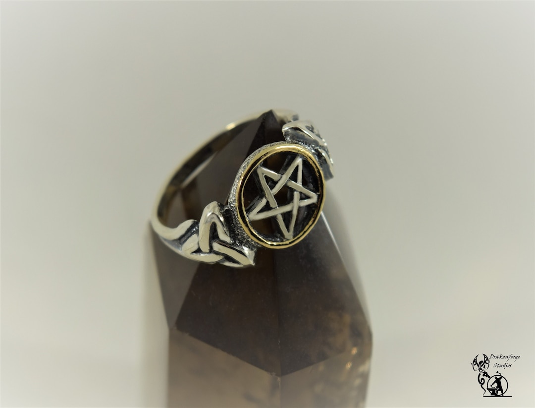 Handmade Silver and 14K Gold Pentacle Signet Ring With Dual Triquetra ...