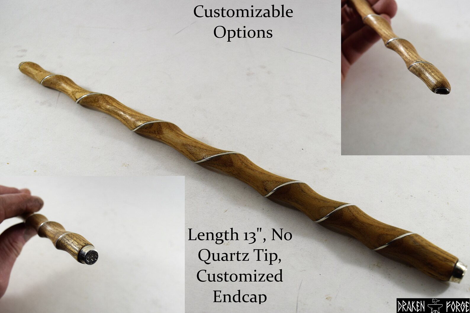 Hand Carved Spiral Wand With Metal Inlay and Quartz Crystal With ...