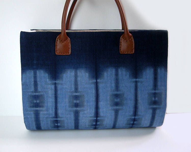 Blue Tote Bag, Leather Handle Handbag, Natural Indigo Shibori Hand Dyed ...