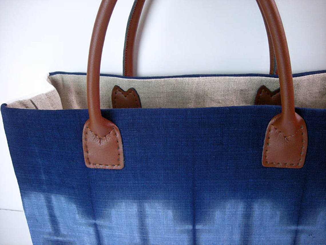 Blue Tote Bag, Leather Handle Handbag, Natural Indigo Shibori Hand Dyed ...