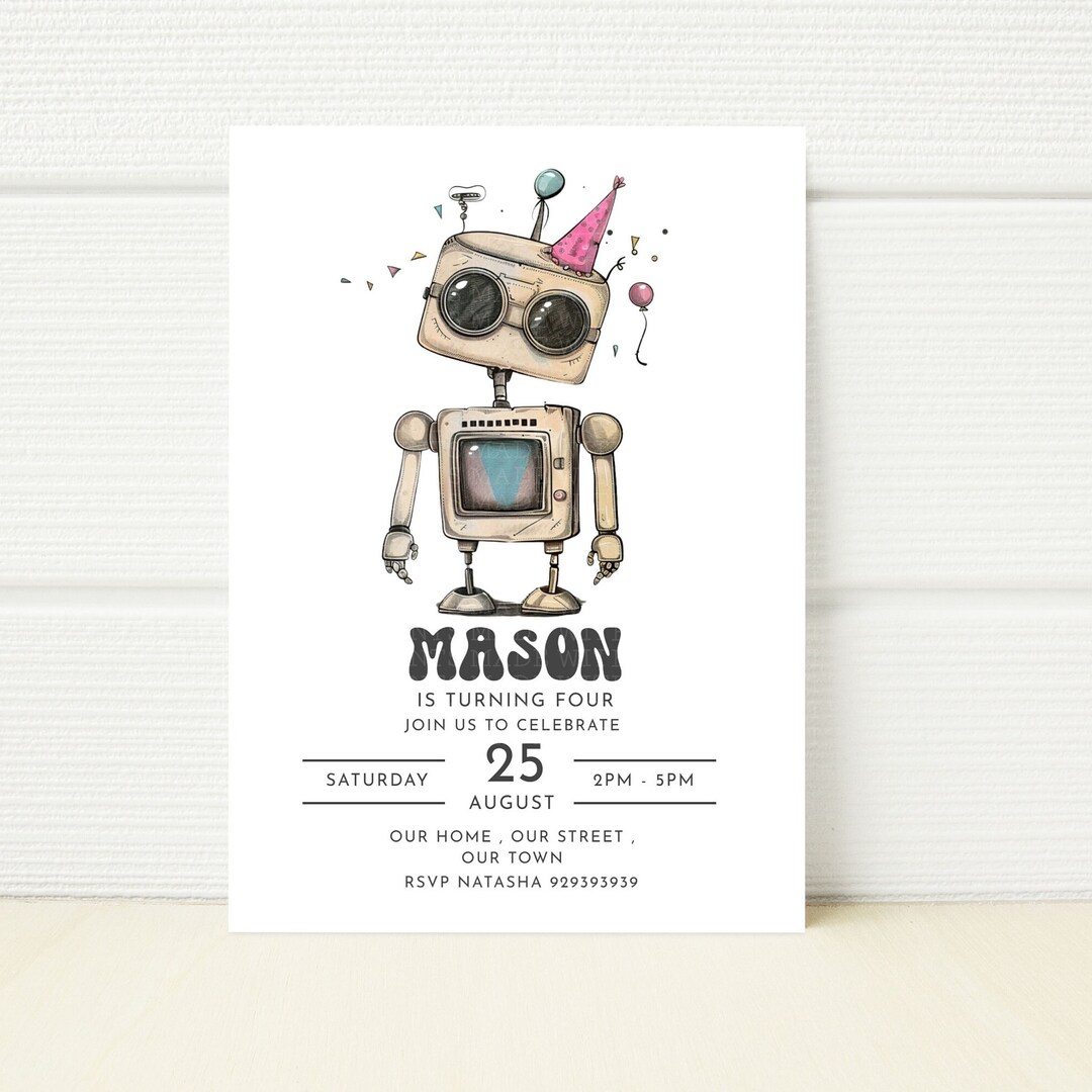 Editable Robot Birthday Invitation Printable Invite Birthday Party Girl ...