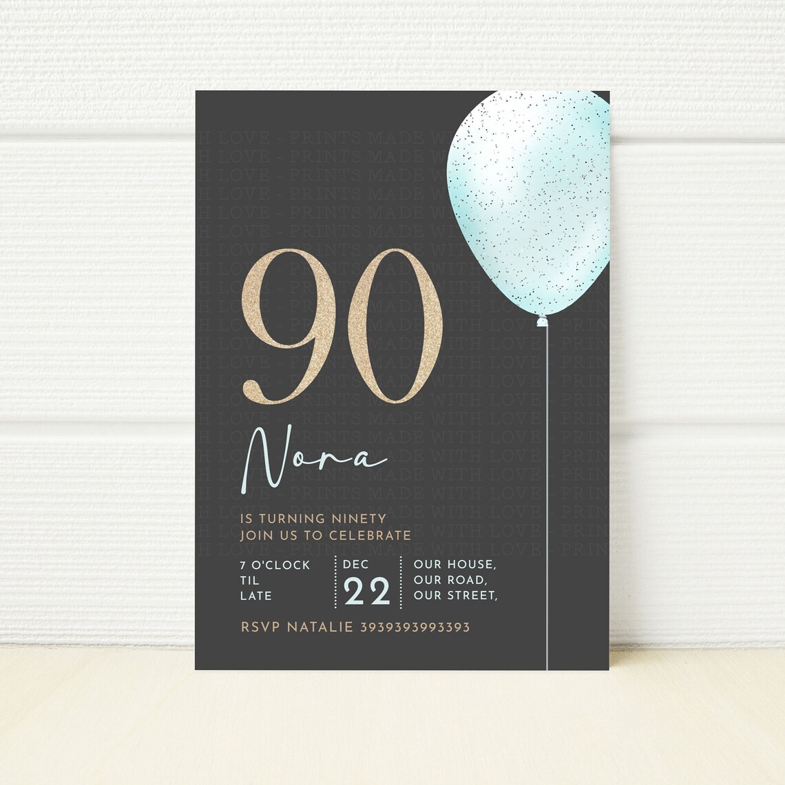 Editable 90th Birthday Invitation Party Minimalist Baby Blue Gold ...