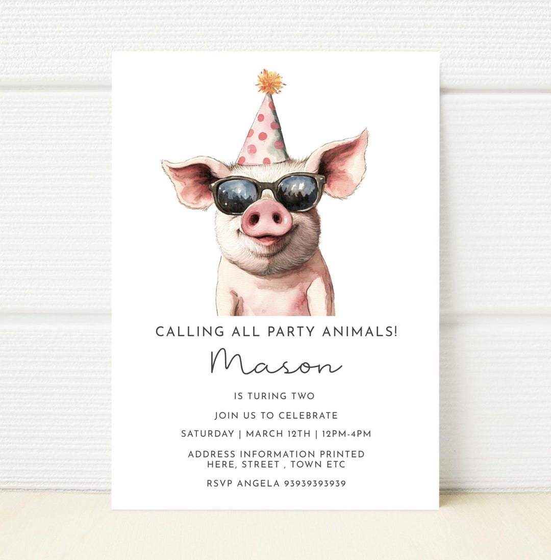 Pig Birthday Invitation, Farm Animals Party (digital Editable Template ...