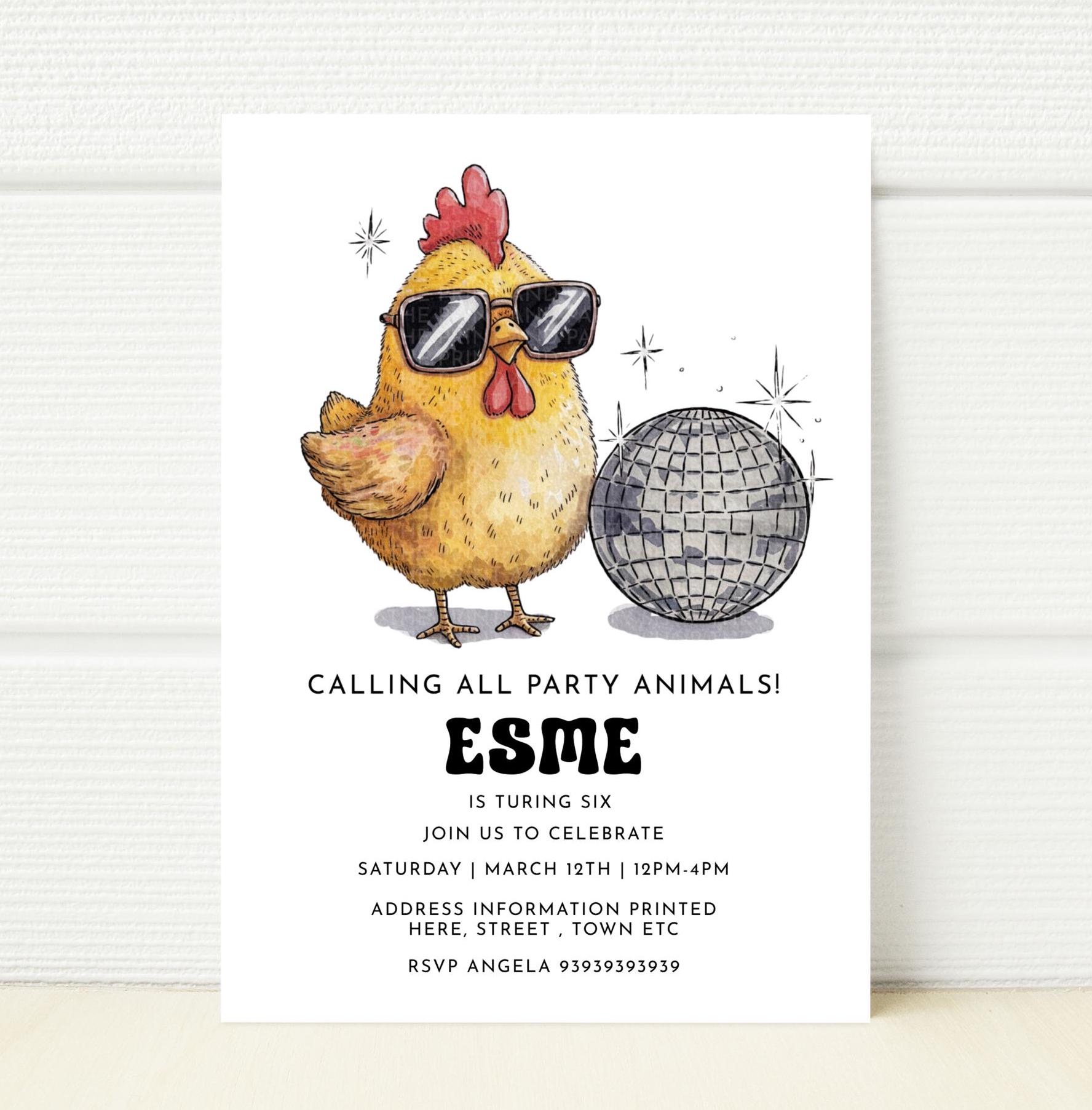 Party Chicken Disco Birthday Party Invite Farm Birthday Party Digital ...