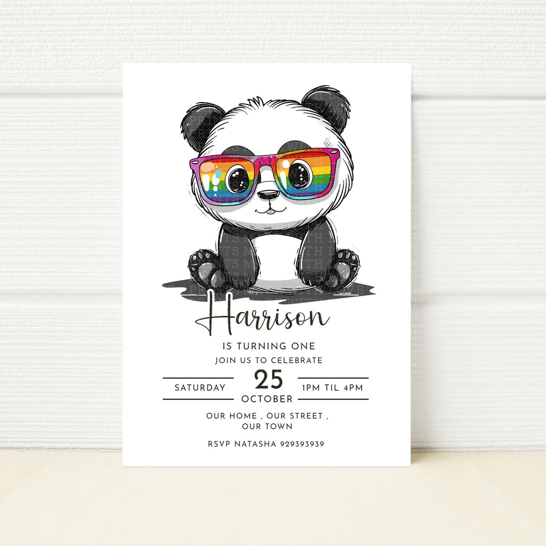 Editable Panda Birthday Invitation Cute Kawaii Rainbow Party Invite ...