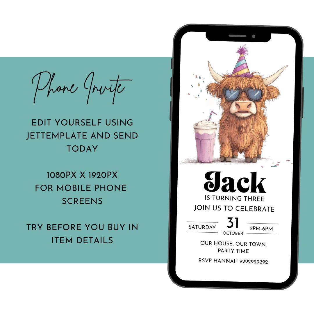 Highland Cow Birthday Party Invitation Birds Party Digital Mobile Phone ...