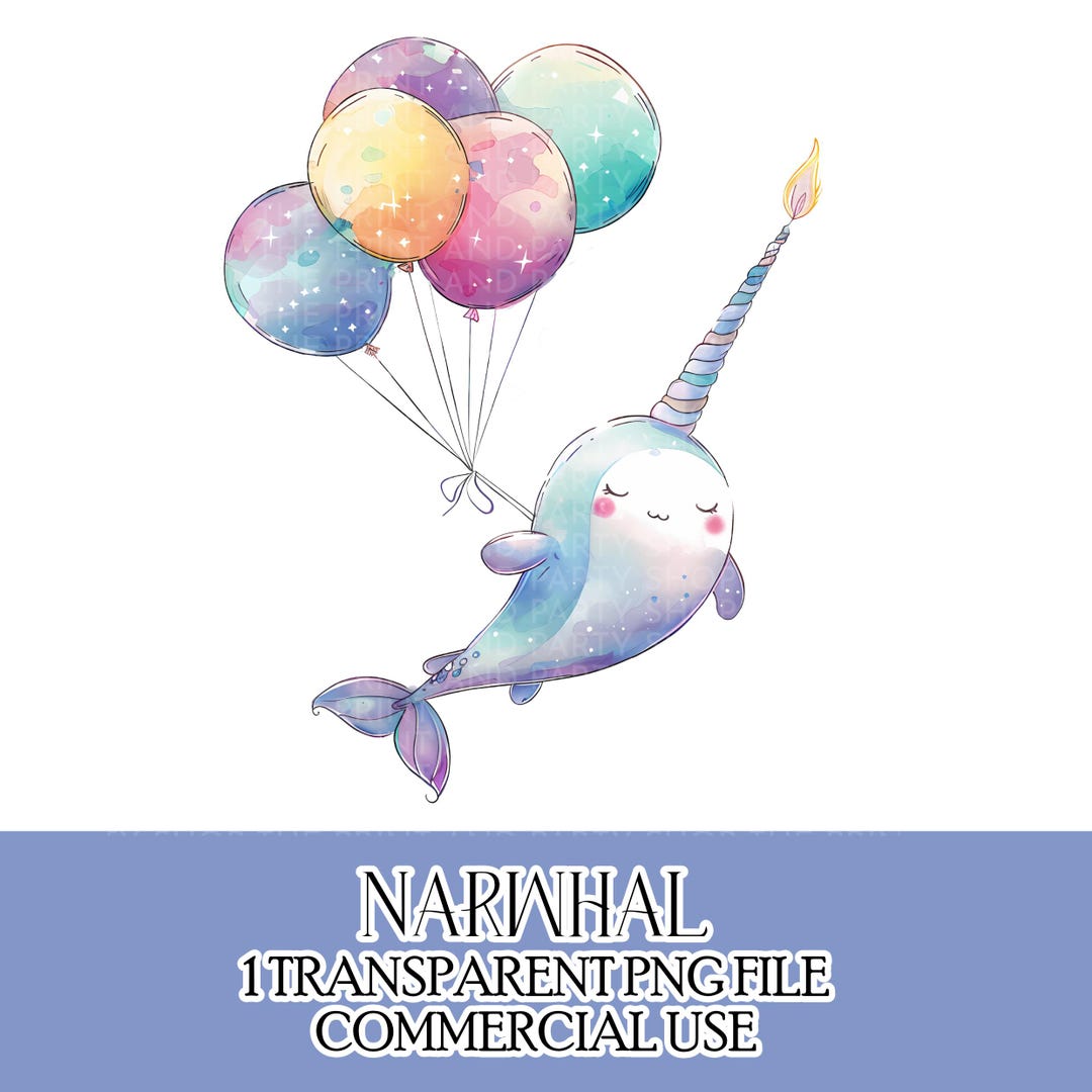 Watercolor Narwhal With Balloons PNG, Under the Sea Clipart (commercial ...