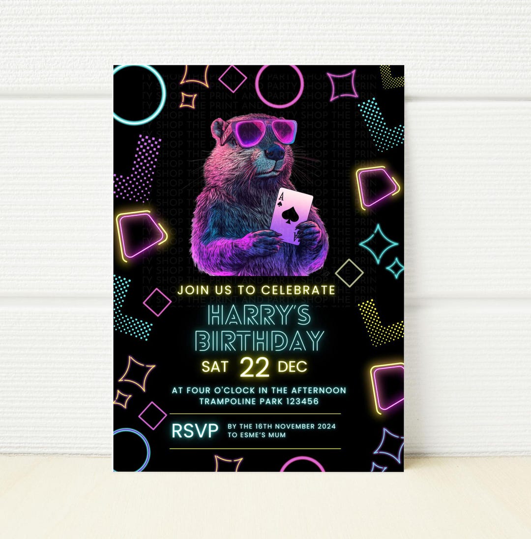 UV Beaver Neon Glow Card Game Birthday Party Invitation Canva Editable ...