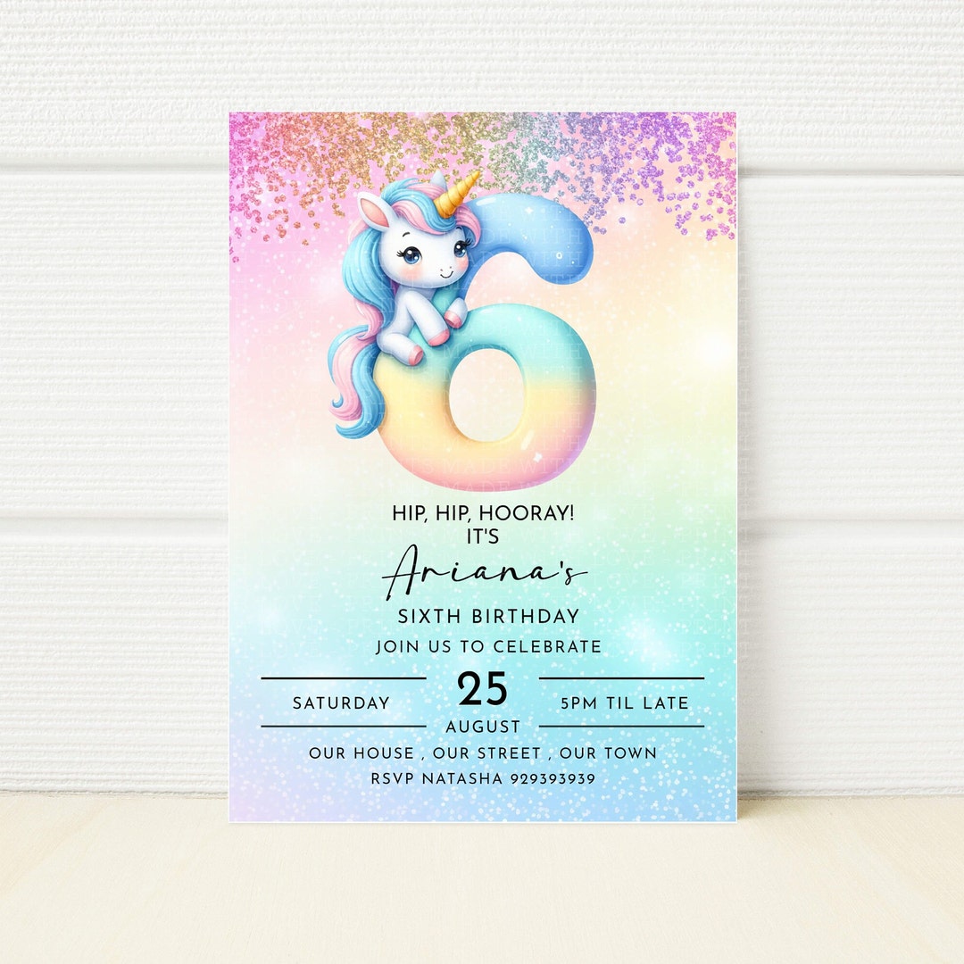 Editable 6th Birthday Party Invitation Unicorn Rainbow Glitter Party ...