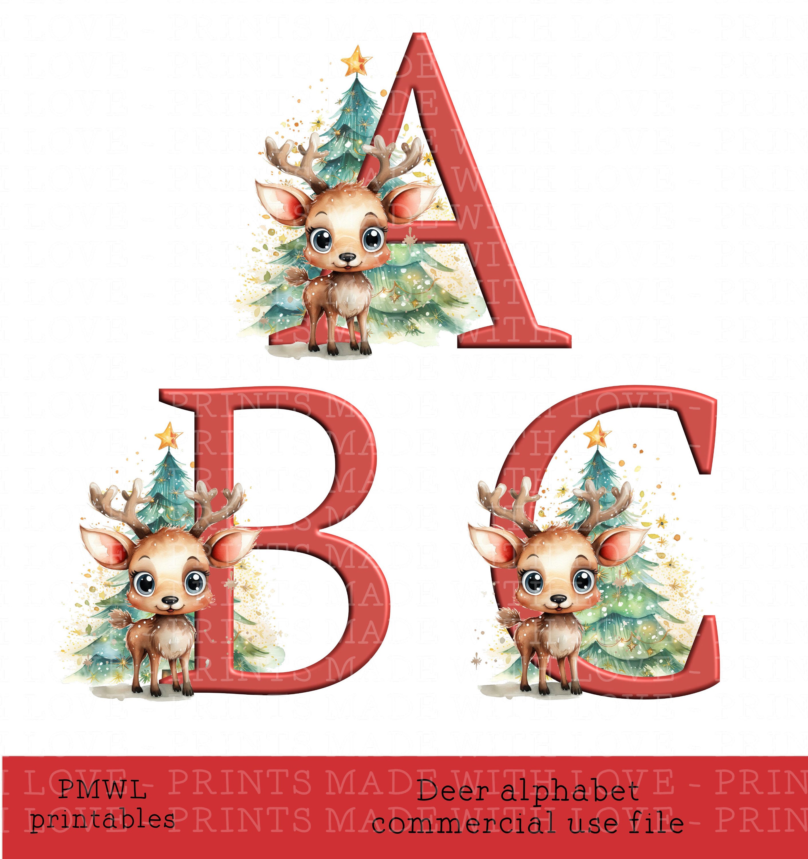 Reindeer Christmas Alphabet Sublimation Design Festive Deer Clipart PNG ...
