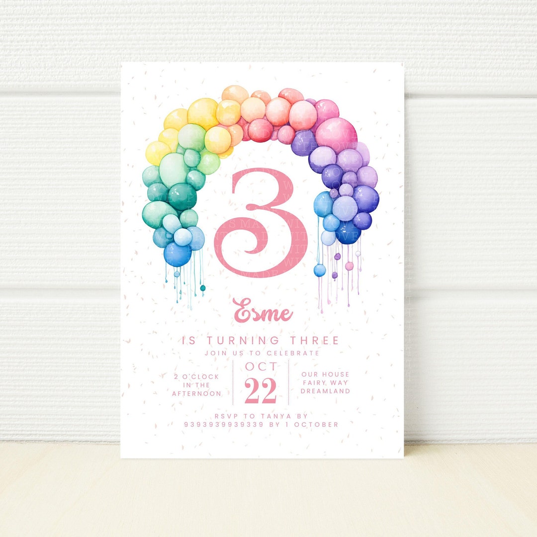 Third Birthday Invitation Template , Pastel Rainbow Canva Invite, 3rd ...