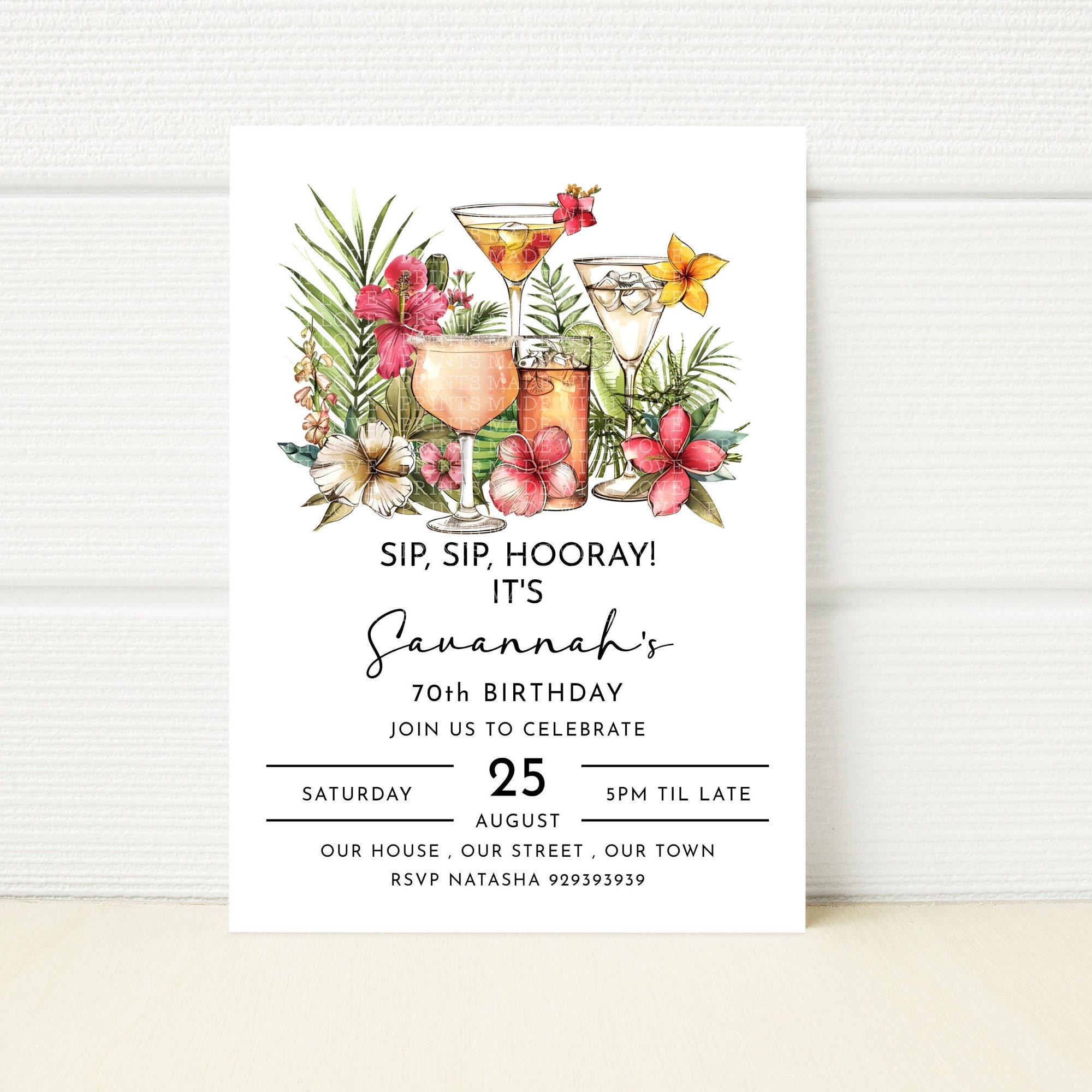 70th Birthday Invitation Editable Floral Cocktails Minimalist Sip Sip ...