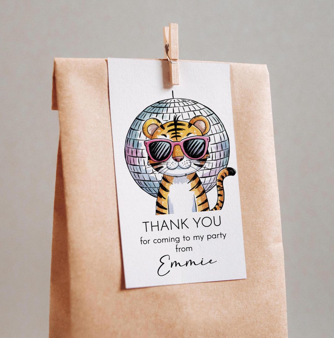 Disco Tiger Birthday Party Wild Zoo Jungle Disco Thank You Favor Tag ...
