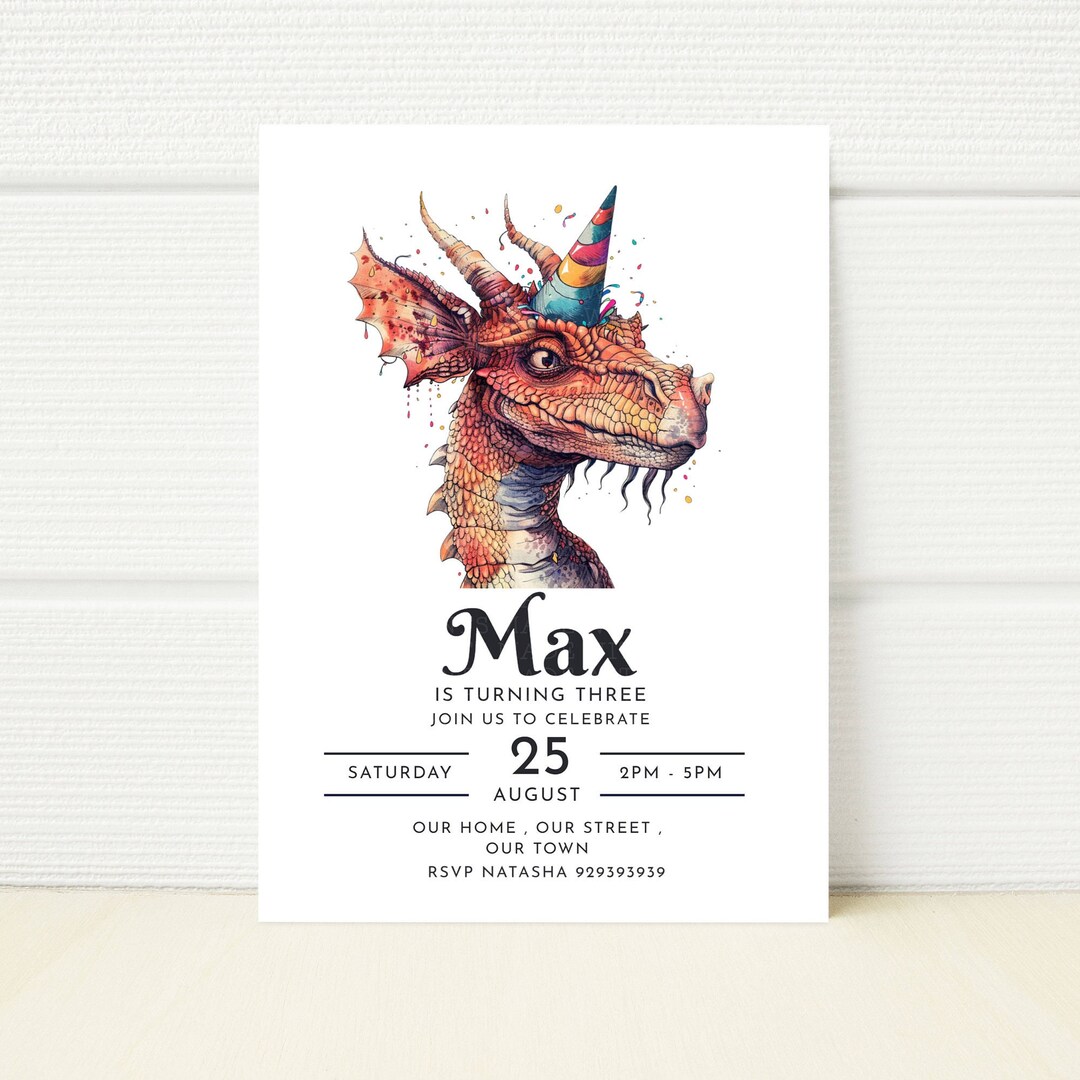 Dragon Birthday Party Invite Invitation Boys Girls Invite Digital E ...