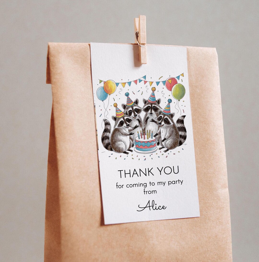 Editable Party Raccoons Picnic Birthday Party Thank You for Coming Gift ...