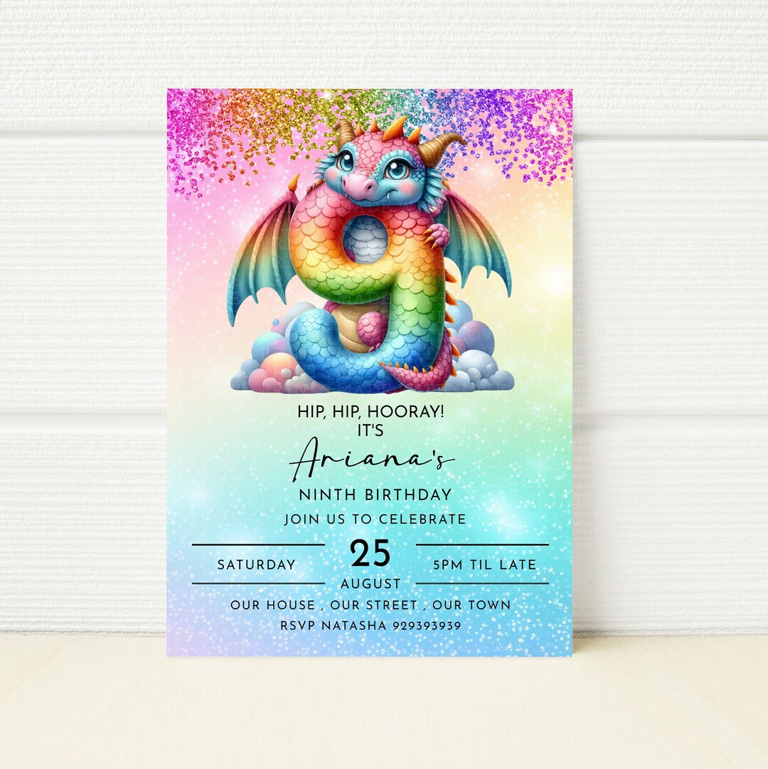 Dragon 9th Birthday Invitation Magical Birthday Invitation Rainbow ...