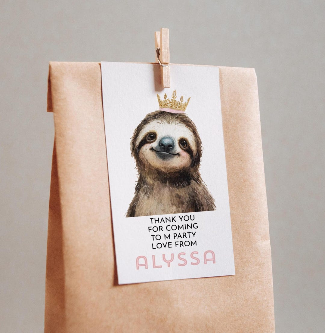 Sloth Princess Birthday Thank You Tags, Editable Favor (digital File ...