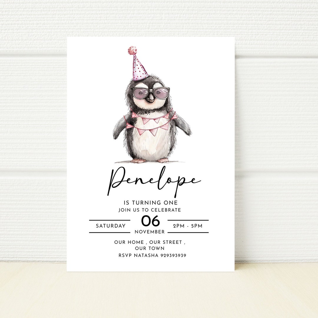 Editable Penguin Birthday Party Invitation Template Wild Phone Digital ...
