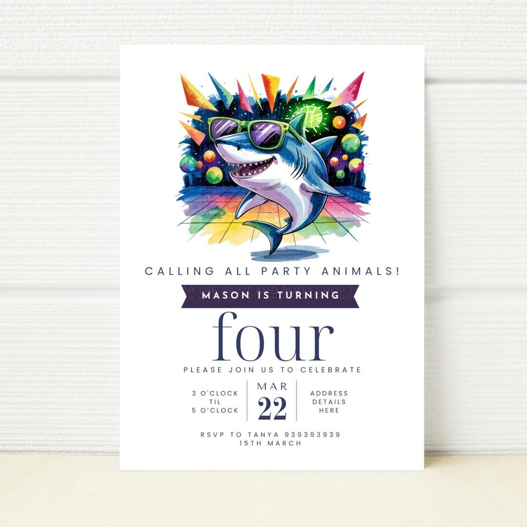 Rave Shark Birthday Invitation Canva Editable Template Digital Download ...