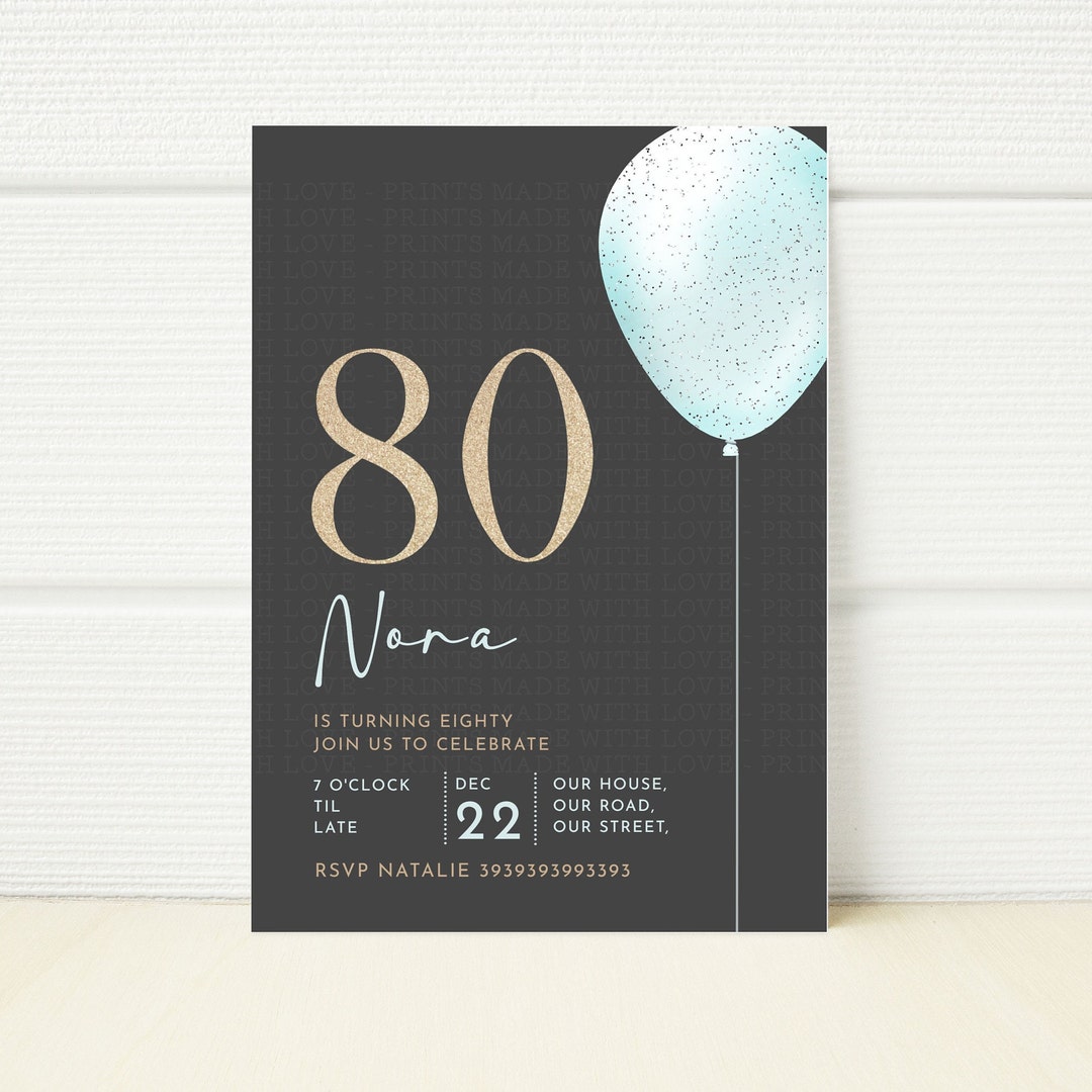 Editable 80th Birthday Invitation Party Minimalist Baby Blue Gold ...
