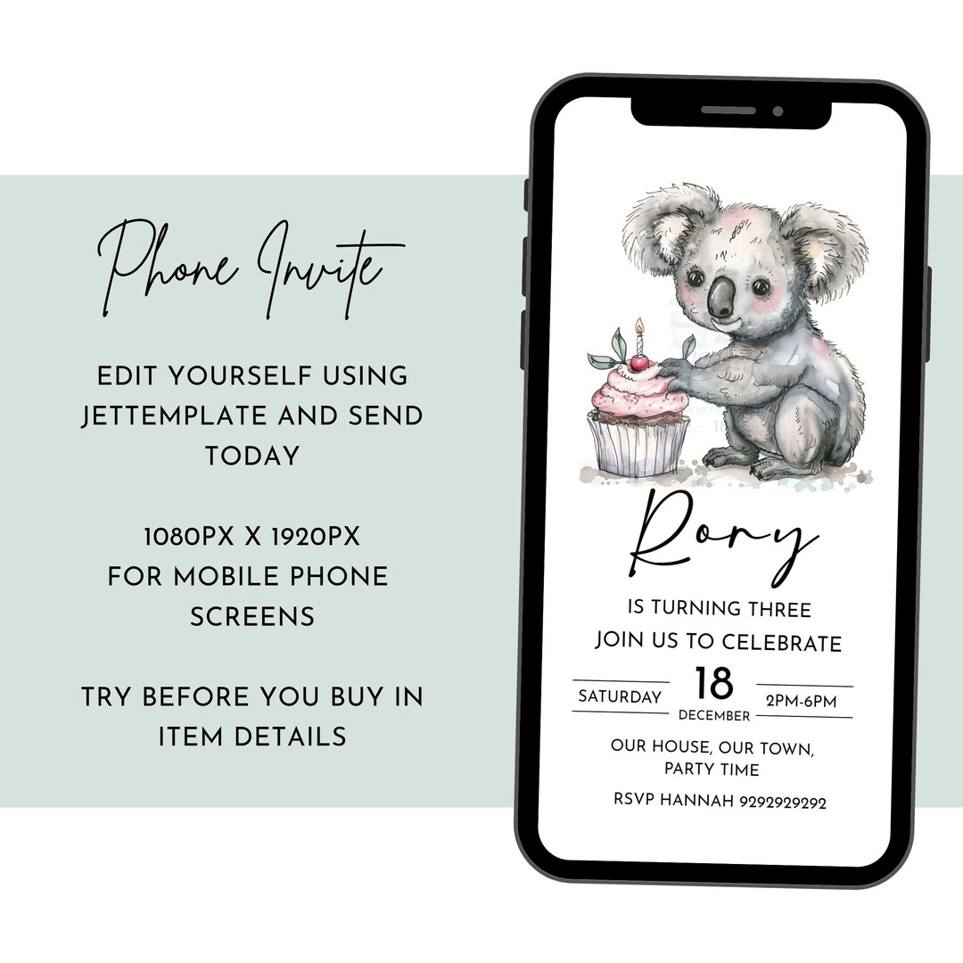 Koala Birthday Party Invitation Template Party Invitation Mobile Phone ...
