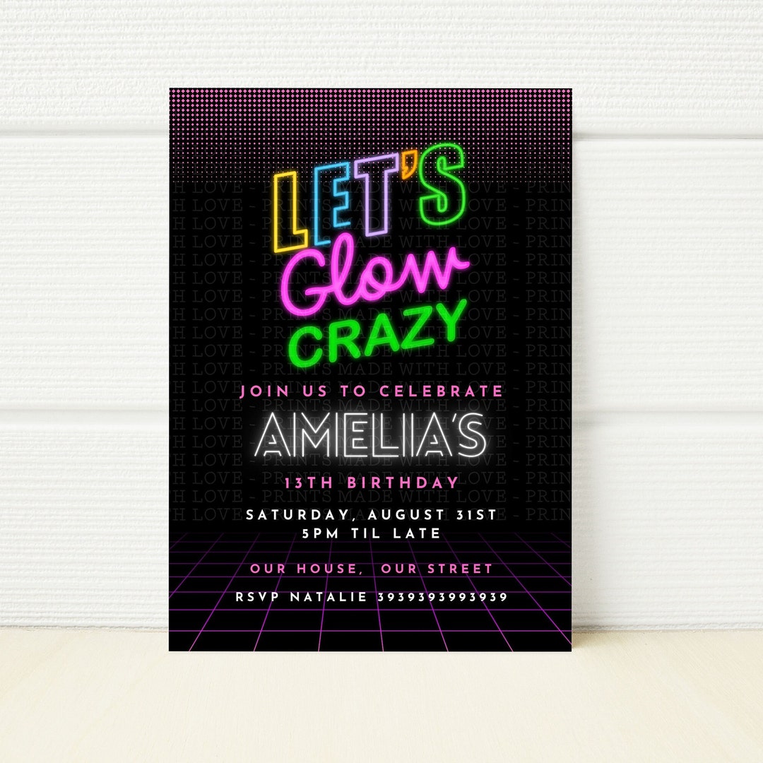 Glow Party Birthday Invitation Canva Template Let's Glow UV Rave Gaming ...