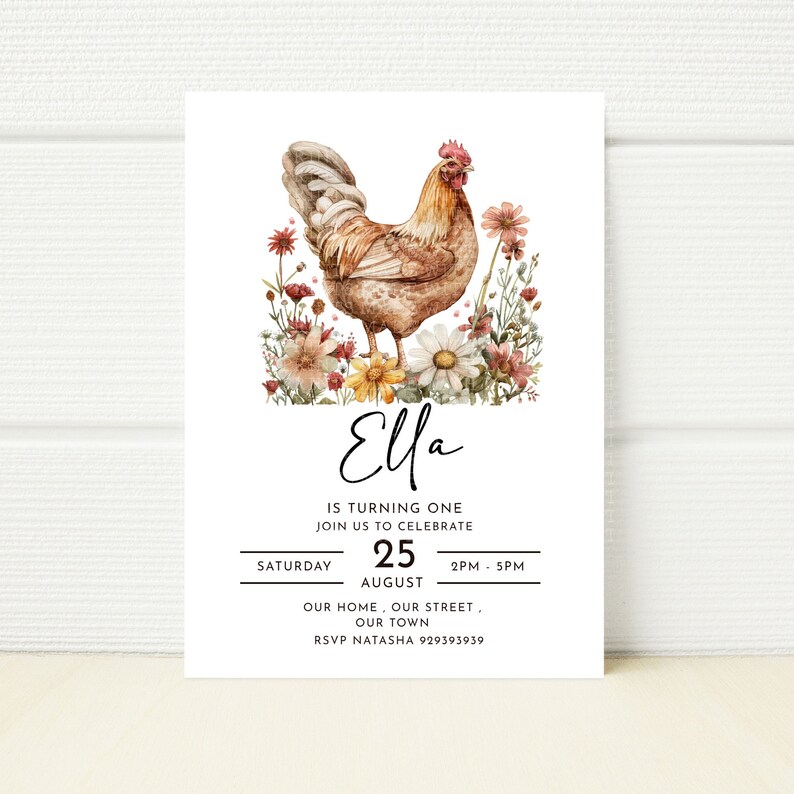 Chicken Birthday Invitation, Farm Party, Rainbow Design (digital ...