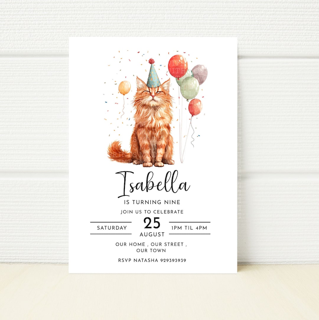 Editable Ginger Cat Birthday Party Invitation Down on the Farm Kitten ...