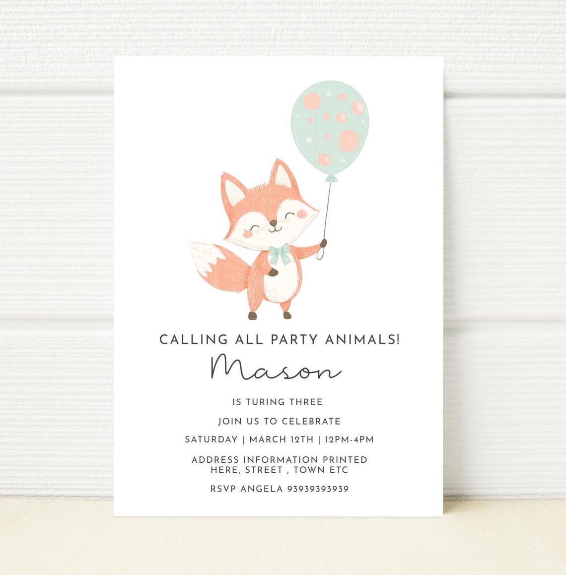 Editable Fox Birthday Party Template Invitation Minimalist Simple ...