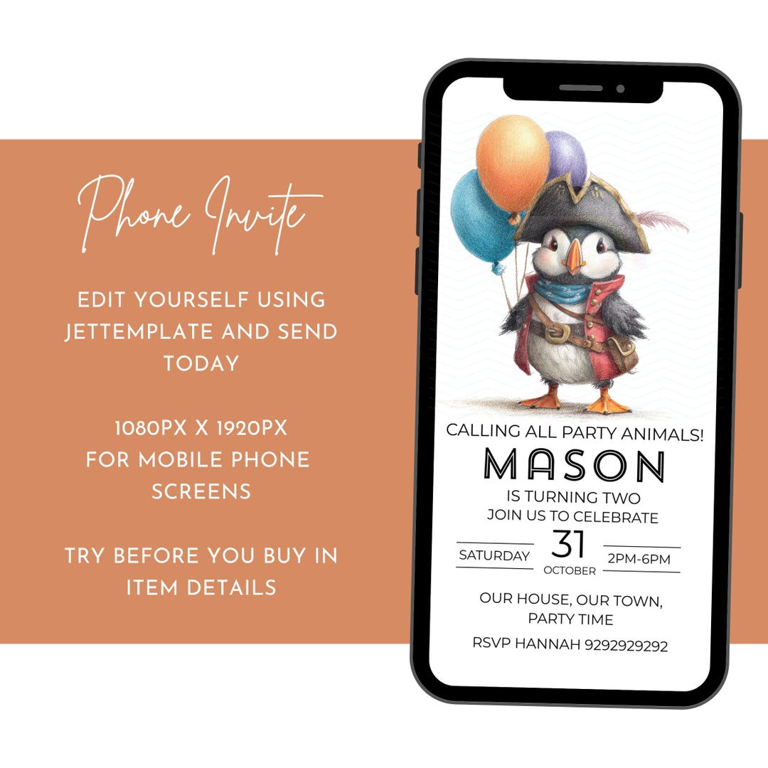 Pirate Puffin Birthday Party Invitation Mobile Phone Digital Picture ...