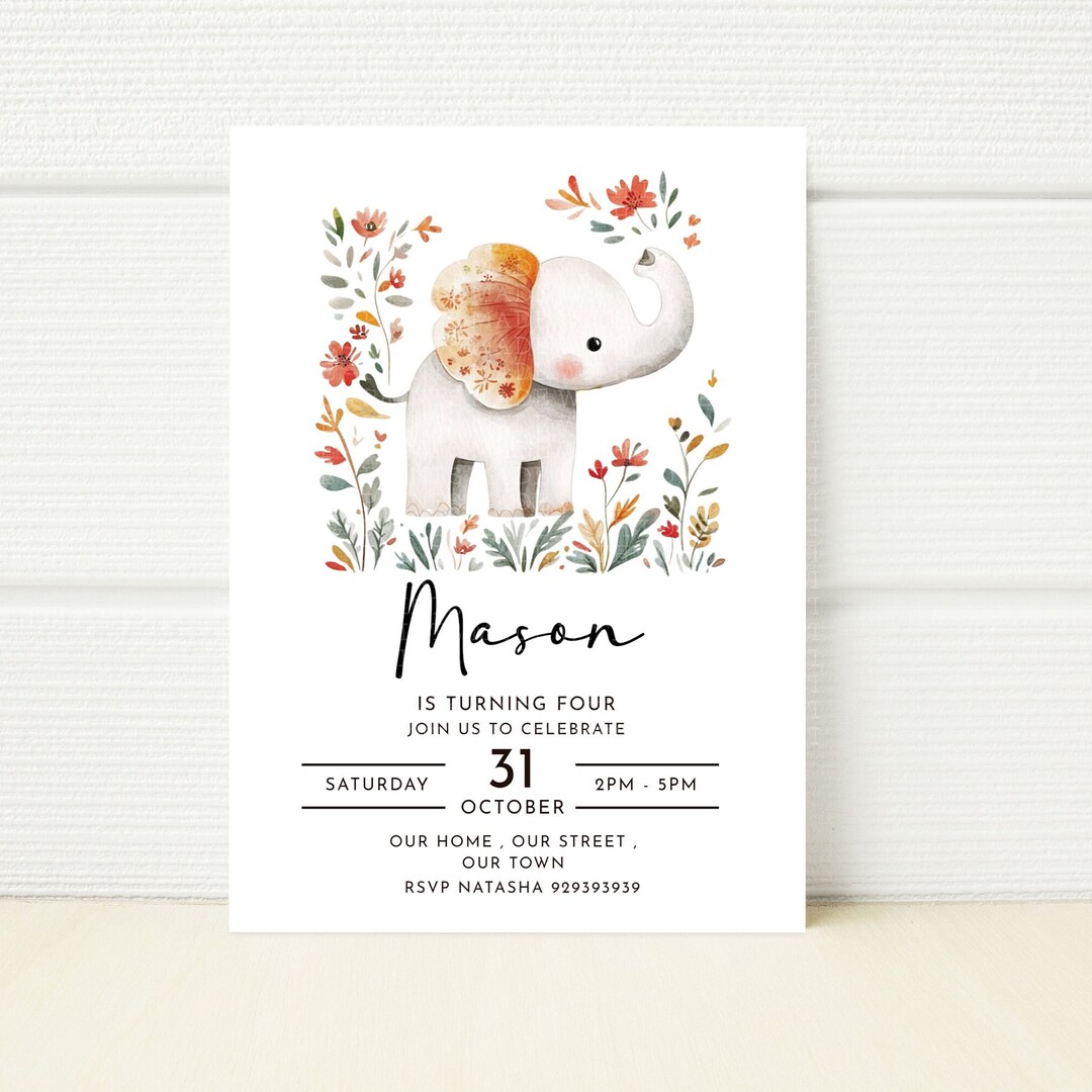 Editable Elephant Safari Party Woodland Invite Wild Phone Digital E ...