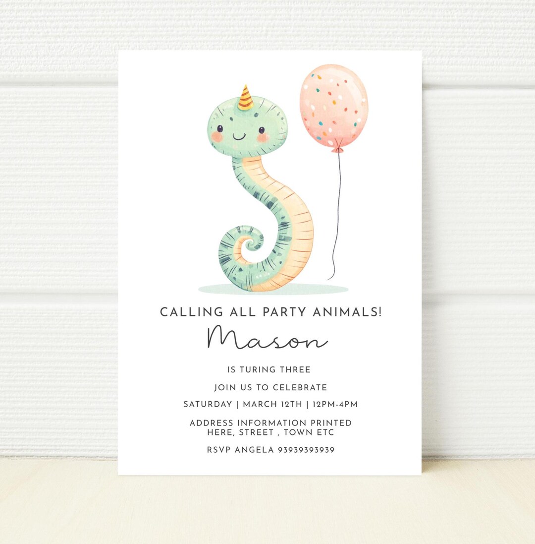 Editable Snake Birthday Party Template Invitation Minimalist Simple ...