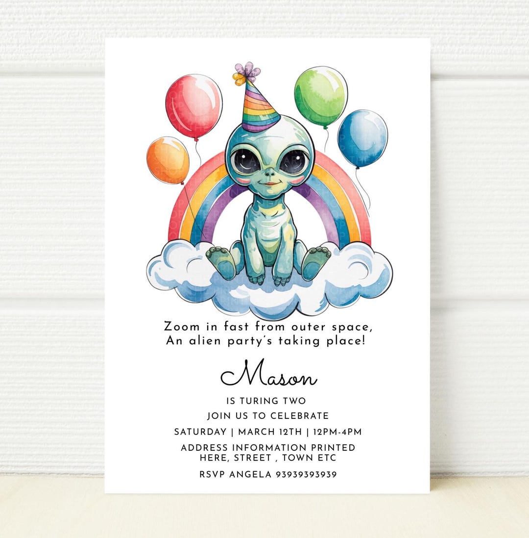 Editable Rainbow Alien Birthday Party Invitation Template Transport ...