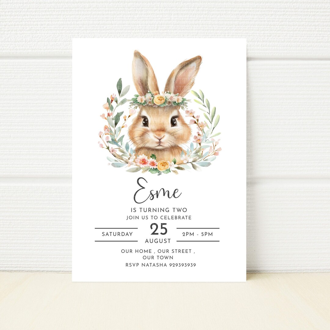 Editable Bunny Birthday Invitation Rabbit Invite Birthday Digital ...