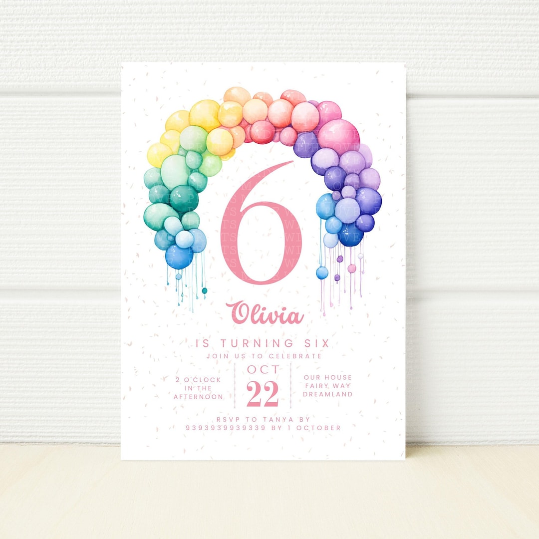 Editable 6th Birthday Invitation Canva Template , Pastel Rainbow Invite ...