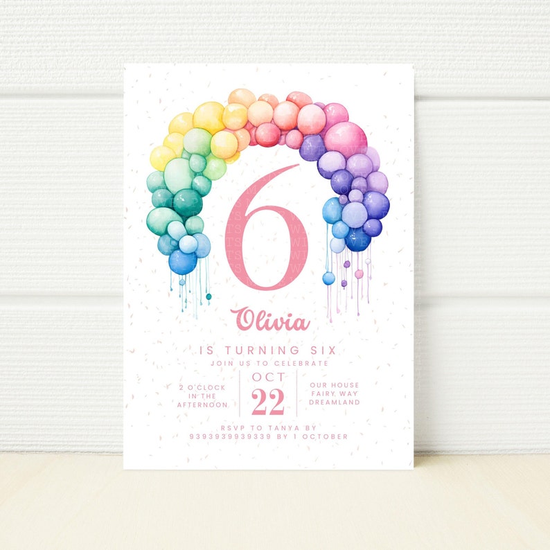 Editable 6th Birthday Invitation Canva Template , Pastel Rainbow Invite ...