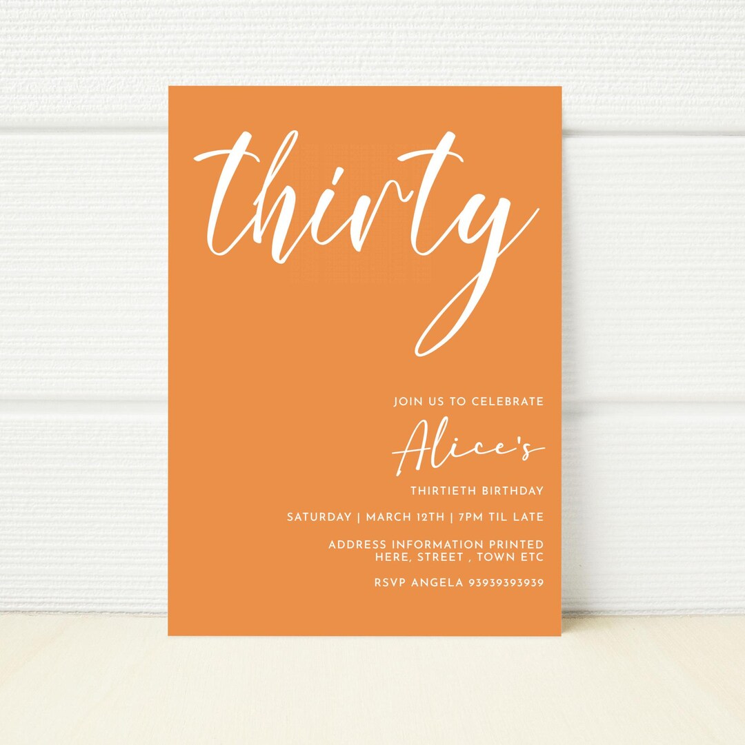 Orange 30th Birthday Party Invitation Minimalist Printable Invite ...