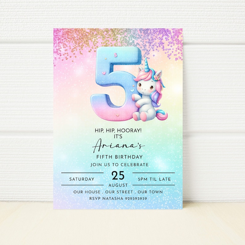 Editable 5th Birthday Party Invitation Unicorn Rainbow Glitter Party ...