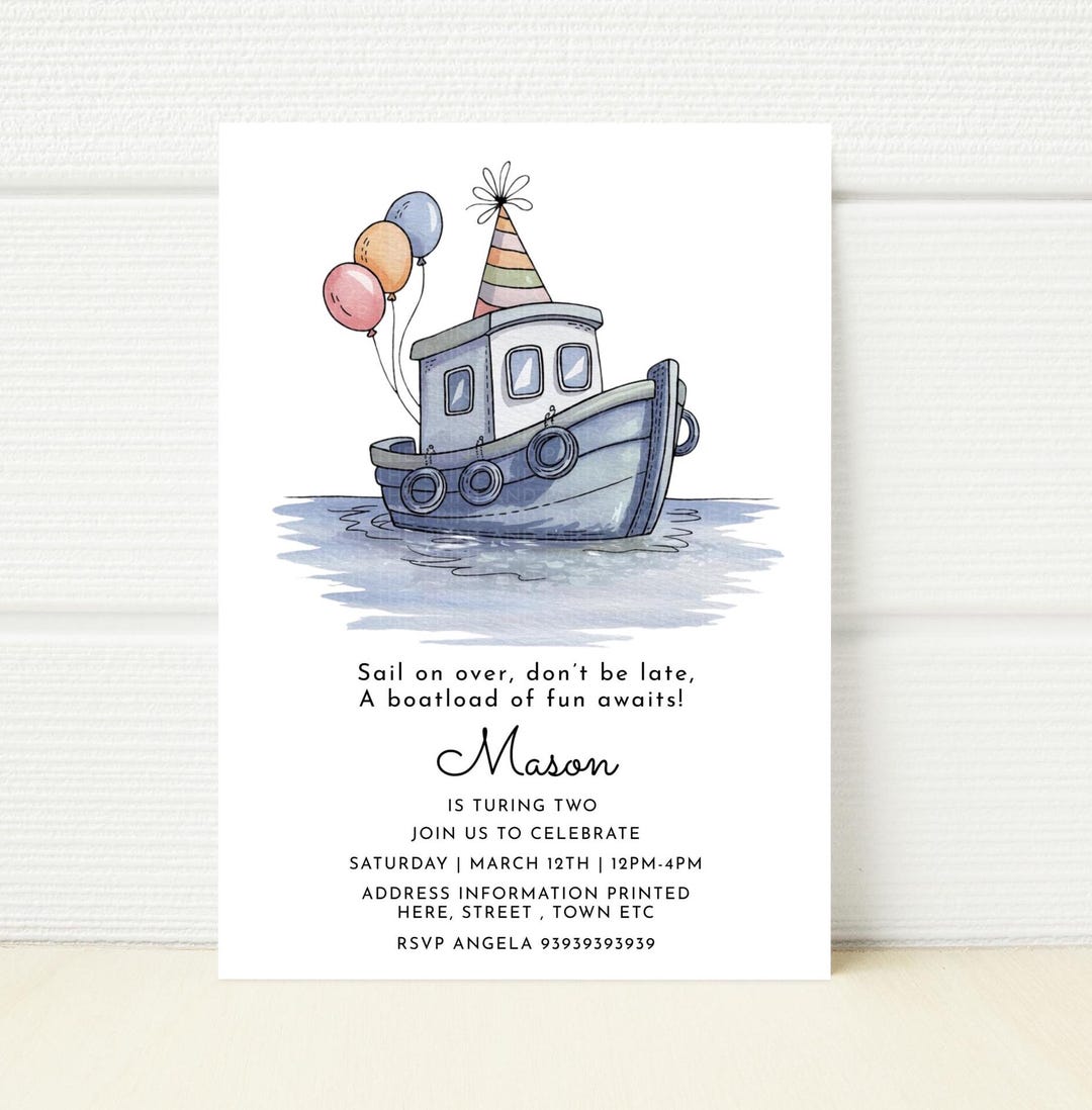 Editable Blue Boat Birthday Party Invitation Template Transport ...