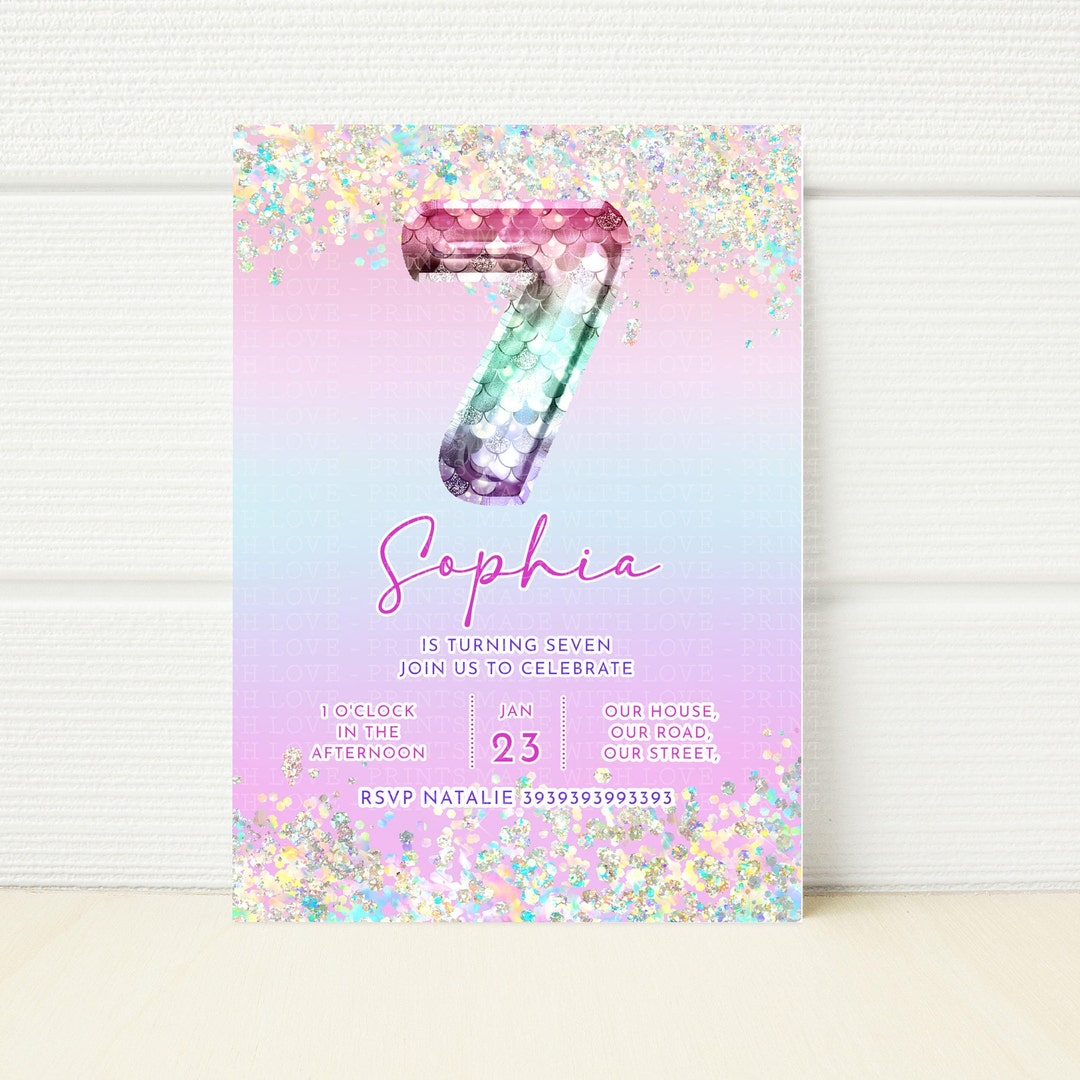 Editable 7th Birthday Party Invitation Mermaid Printable Template ...