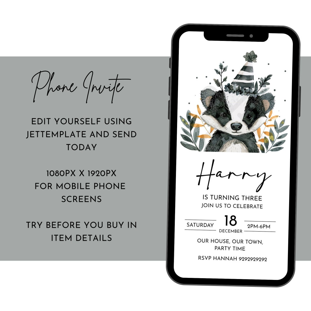 Badger Phone Birthday Invitation Woodland Party Invite Picture Message ...