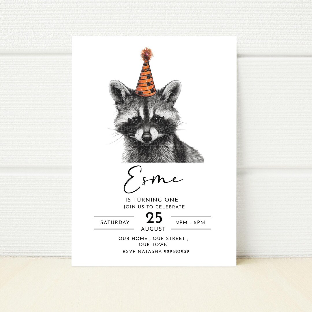 Editable Raccoon Birthday Party Invite Invitation Boys Girls Digital ...