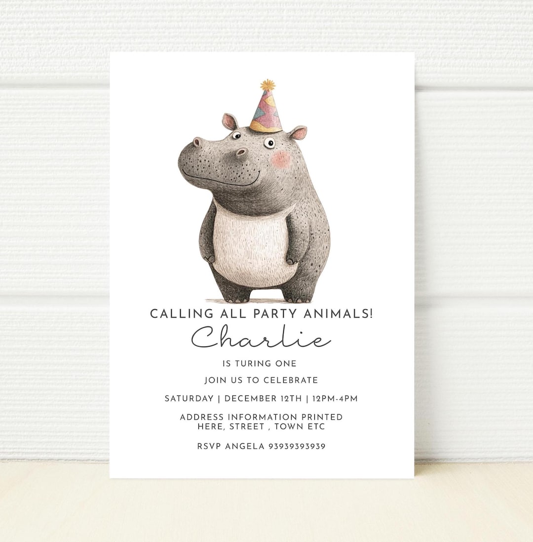 Editable Hippo Safari Birthday Party Invite Invitation Printable ...